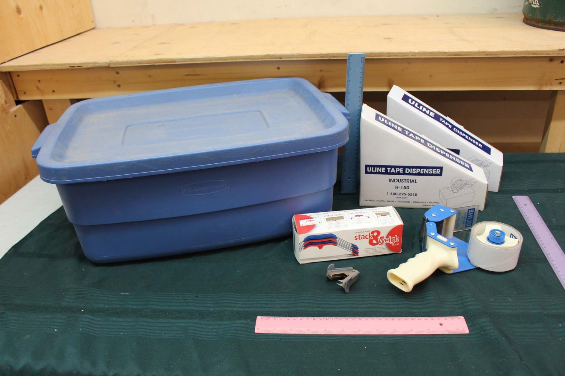 Rubbermaid Tub w/ Tape Dispensers & Stack&Weighs