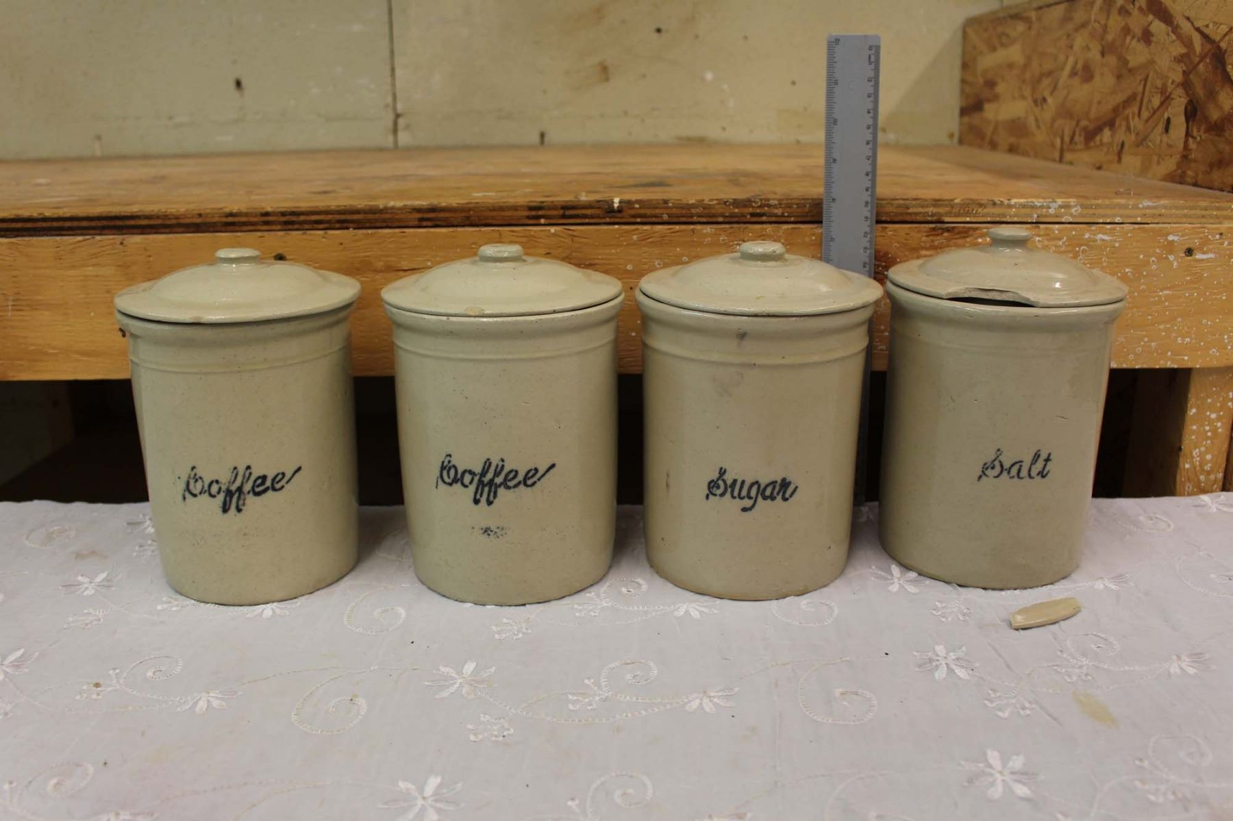 Vintage Medalta Advertising Crocks w/Lids (Coffee, Coffee, Sugar, Salt)