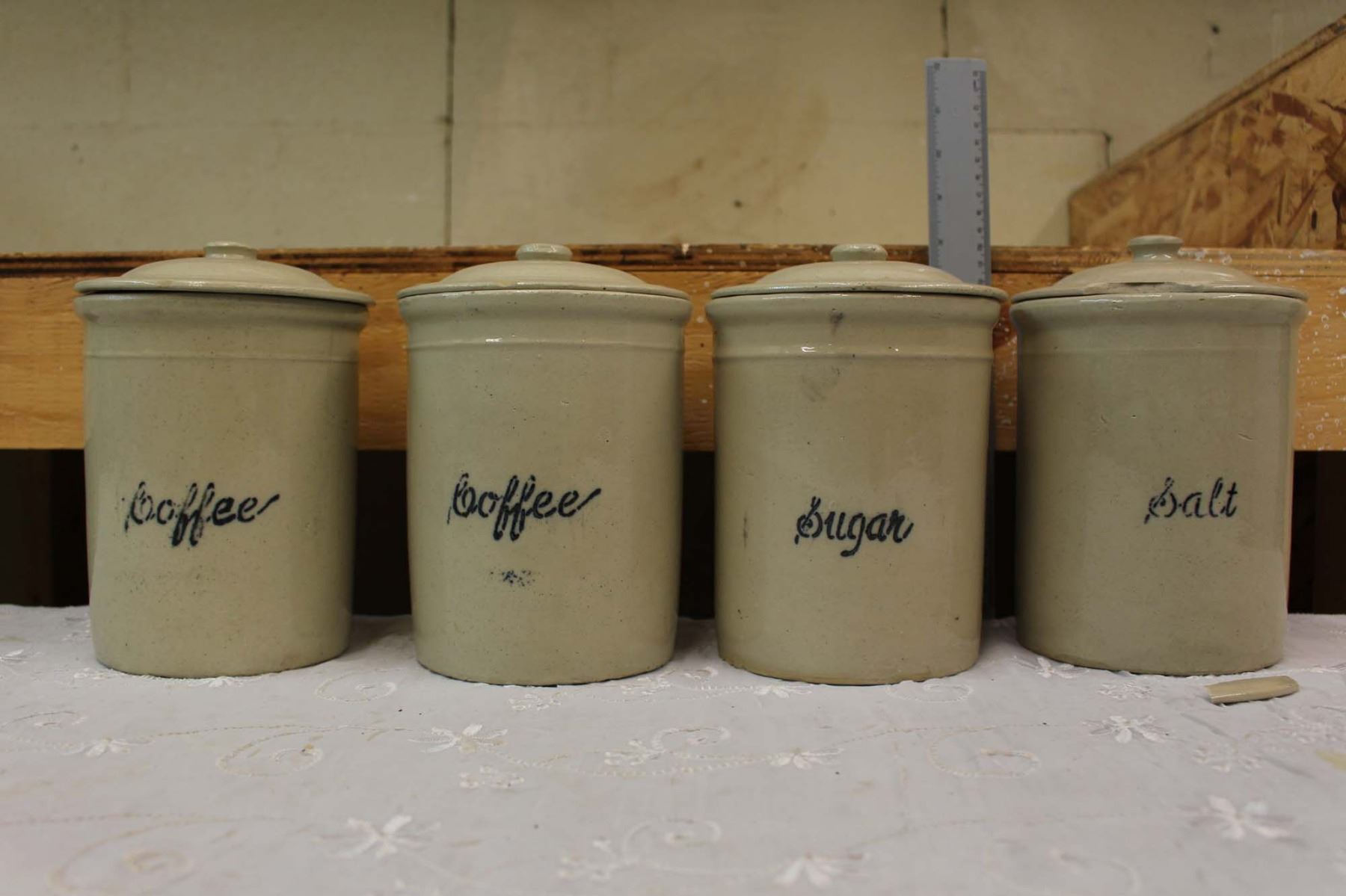 Vintage Medalta Advertising Crocks w/Lids (Coffee, Coffee, Sugar, Salt)