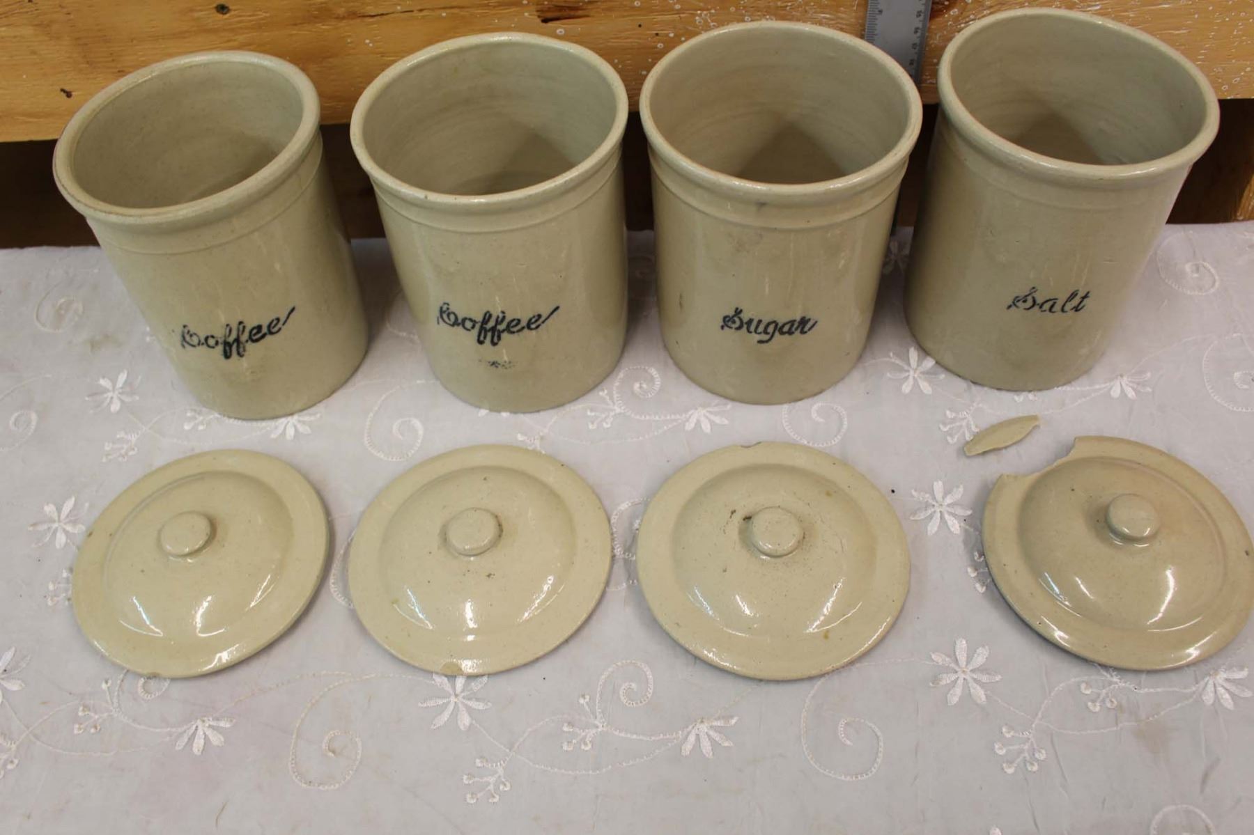 Vintage Medalta Advertising Crocks w/Lids (Coffee, Coffee, Sugar, Salt)