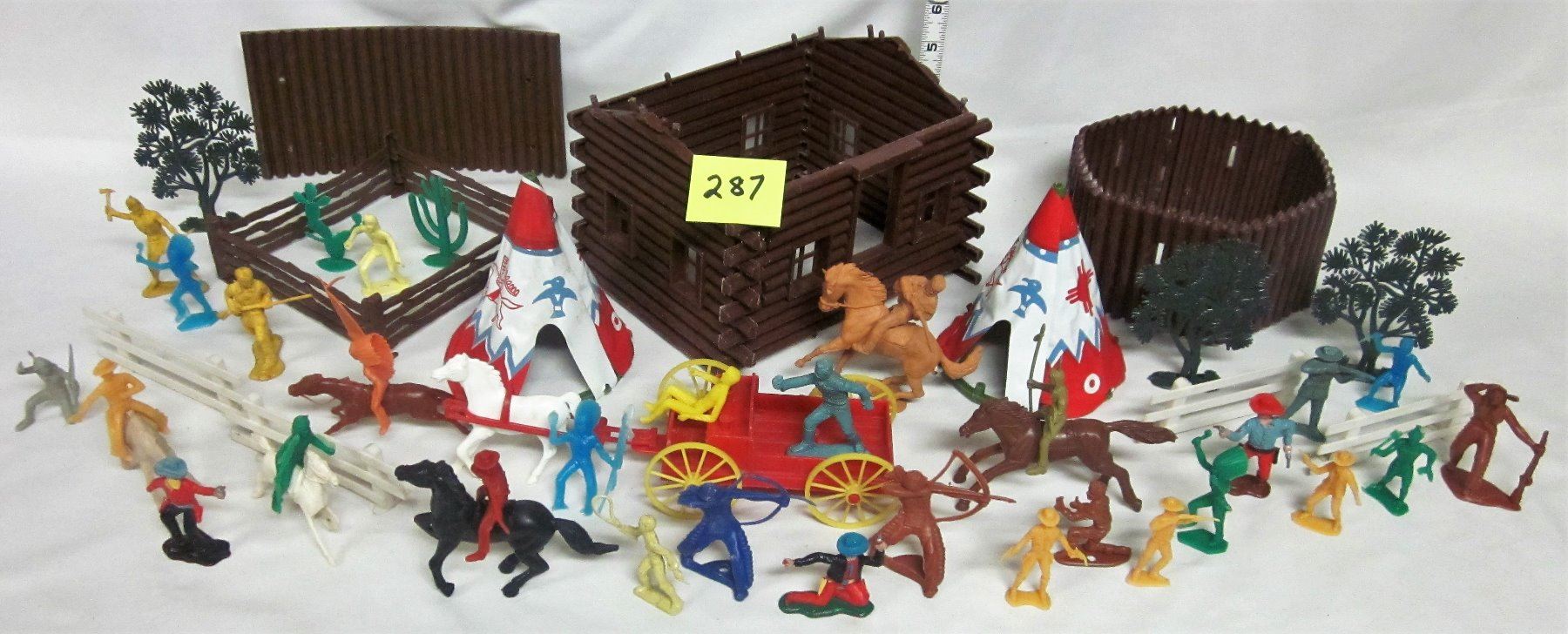 Assorted vintage Western plastic. house, corral, fence, buckboard ...