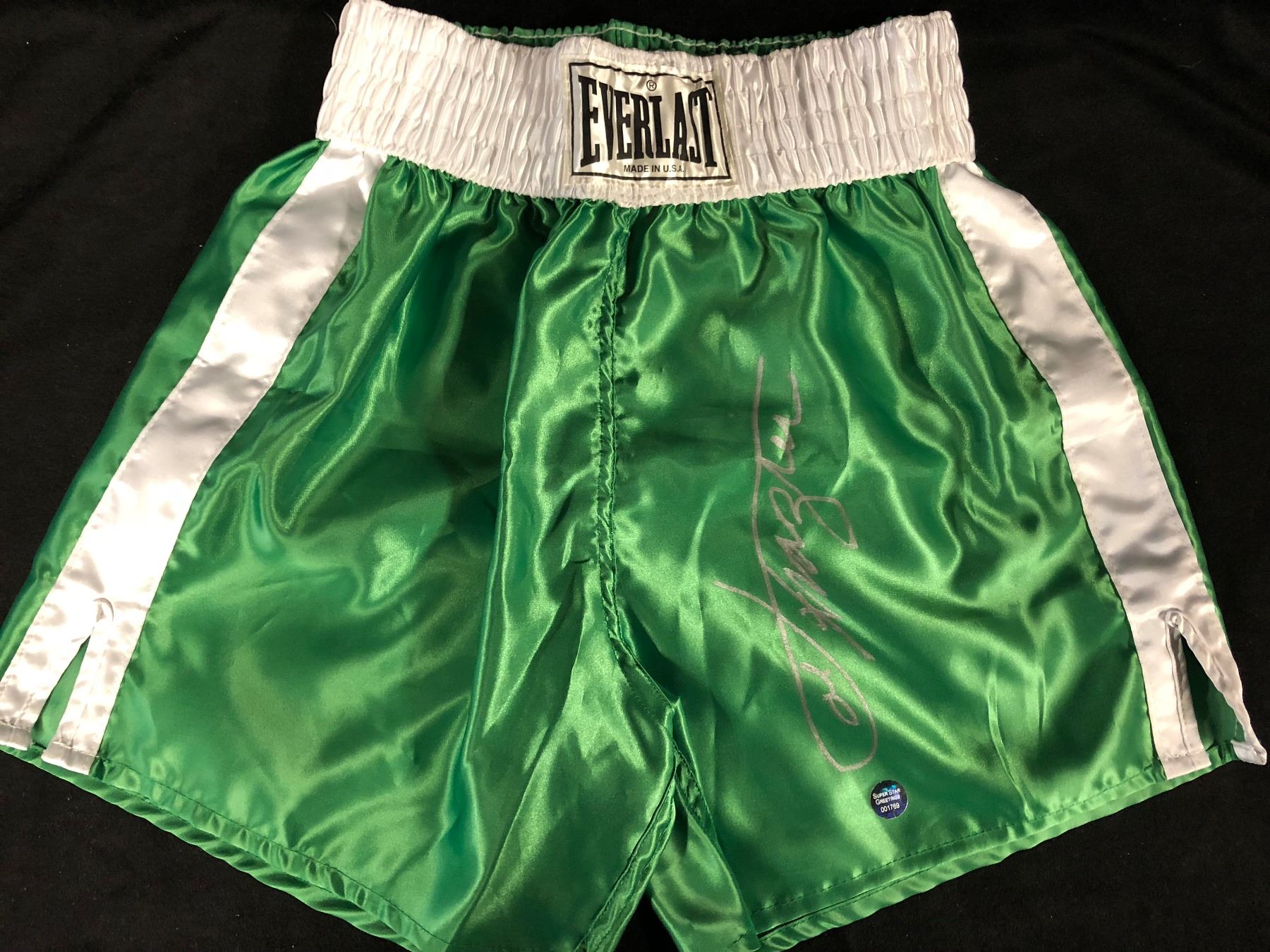 JOE FRAZIER SIGNED EVERLAST BOXING TRUNKS W/ SUPERSTAR GREETINGS HOLOGRAM