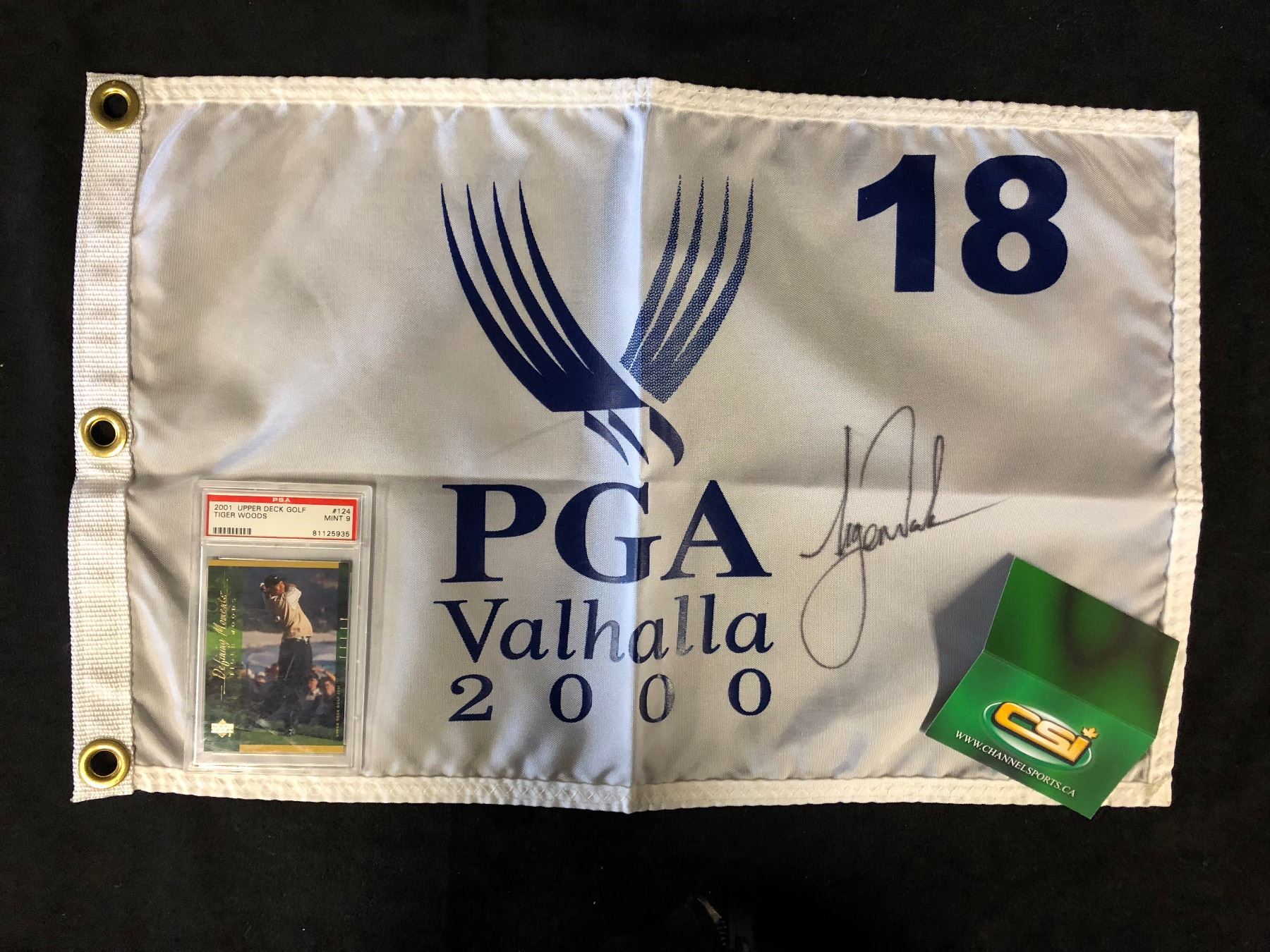 TIGER WOODS AUTOGRAPHED "PGA VALHALLA 2000" GOLF FLAG W/ 2001 UD #124 ...