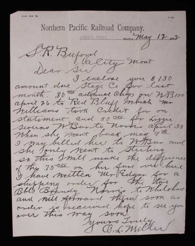 Northern Pacific Railroad - Norris MT Letter c1892