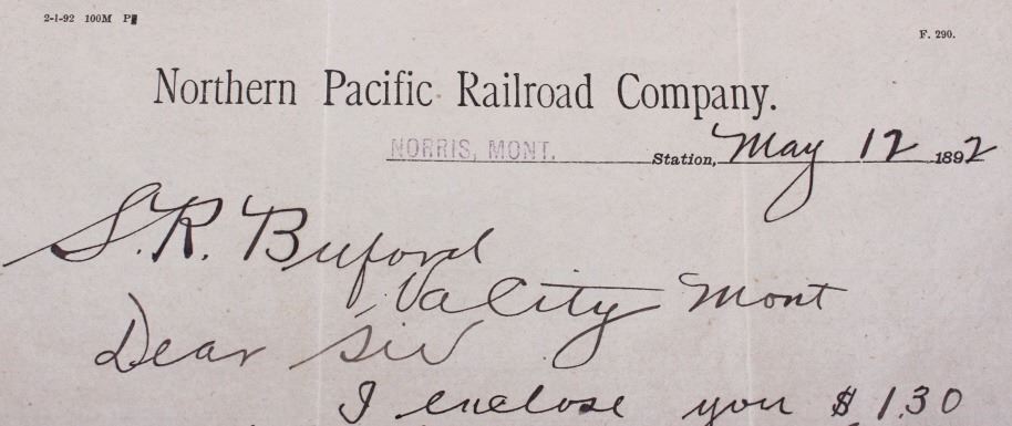 Northern Pacific Railroad - Norris MT Letter c1892