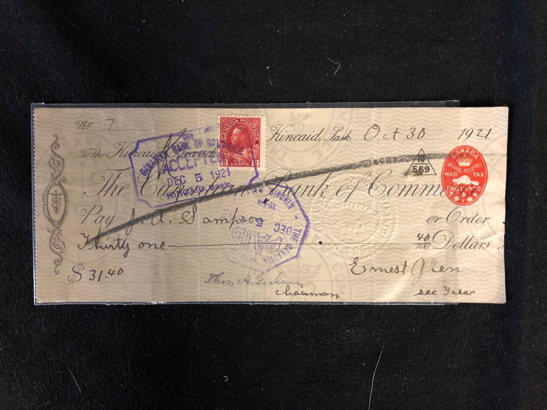 1921 BANK OF COMMERCE CHEQUE W/ TWO CENT CANADIAN STAMP