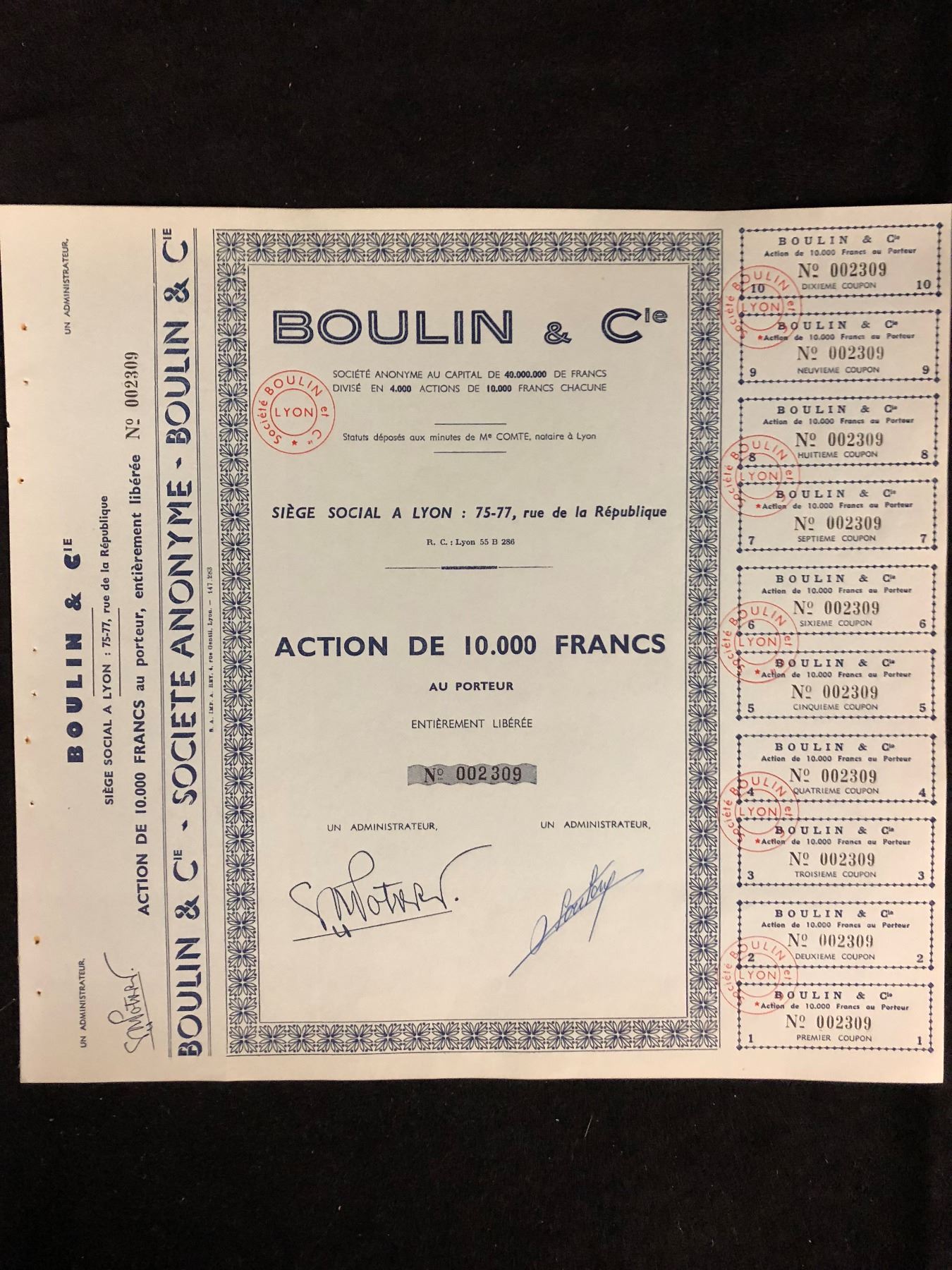 VINTAGE BOULIN & CO. FRENCH STOCK CERTIFICATE