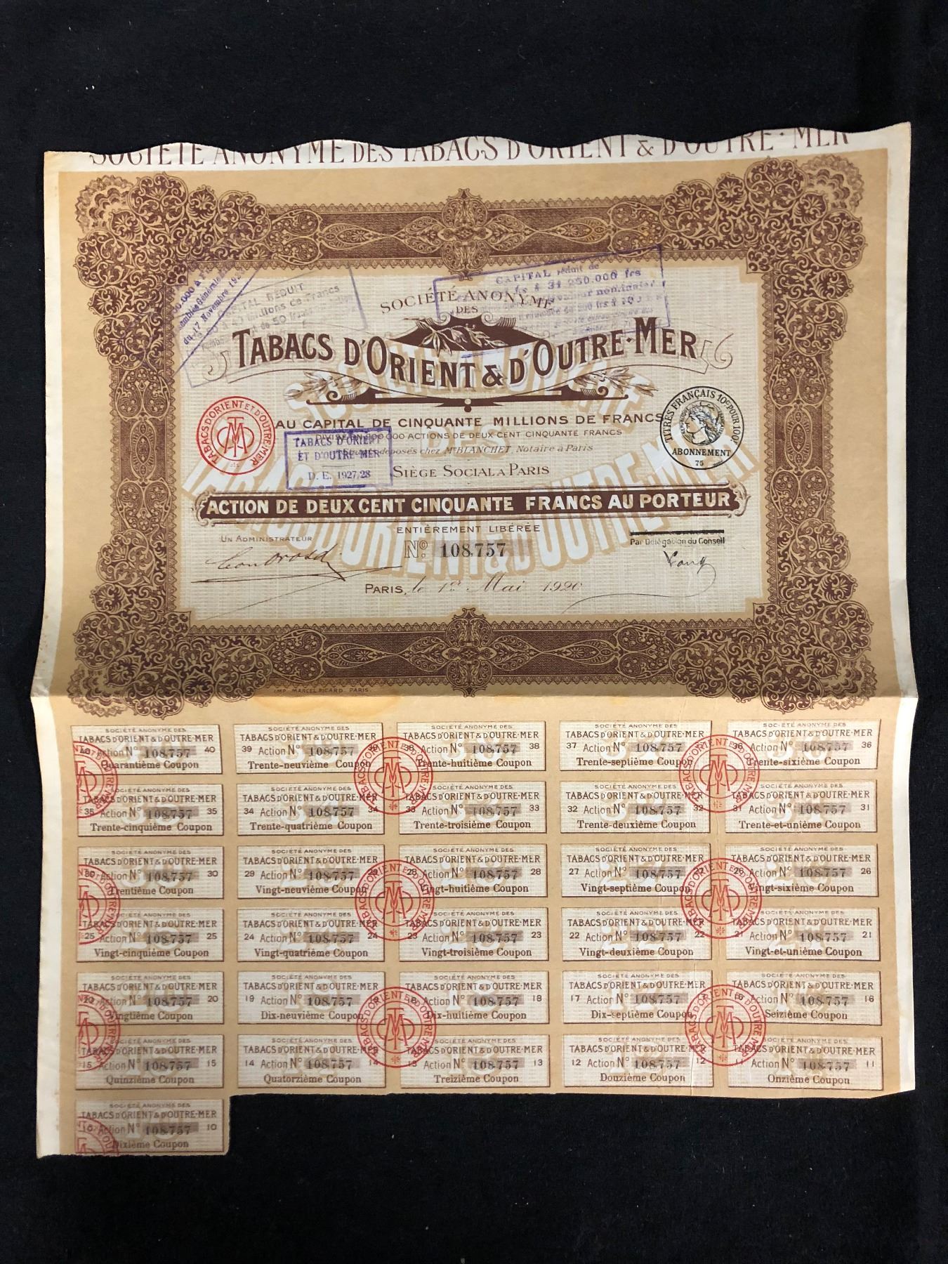VINTAGE FRENCH STOCK CERTIFICATE