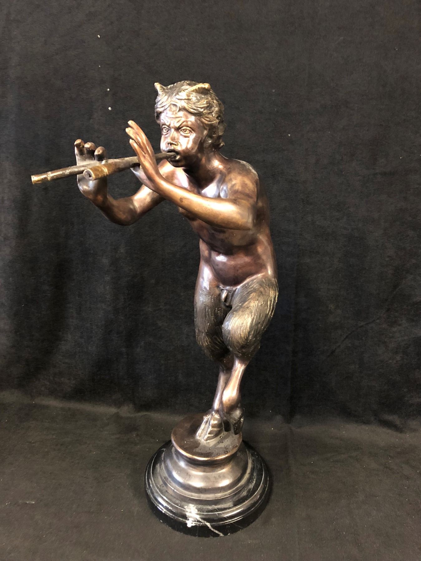 BRONZE STATUE MARBLE BASE 26" GREEK GOD PAN