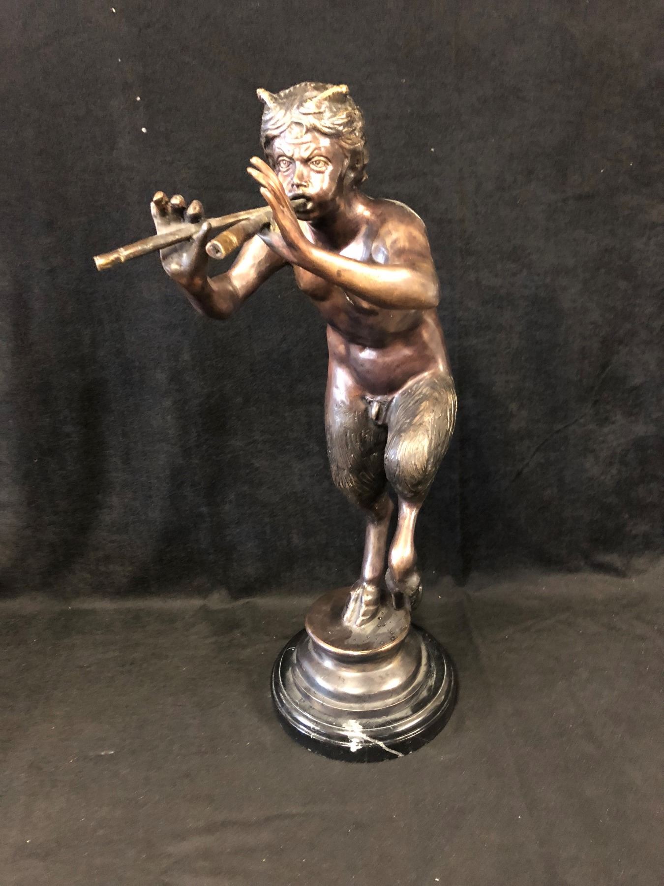 BRONZE STATUE MARBLE BASE 26" GREEK GOD PAN