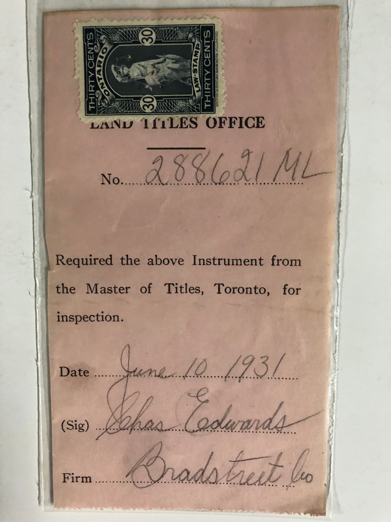 VINTAGE INSPECTION TICKET W/ STAMP (ONTARIO)