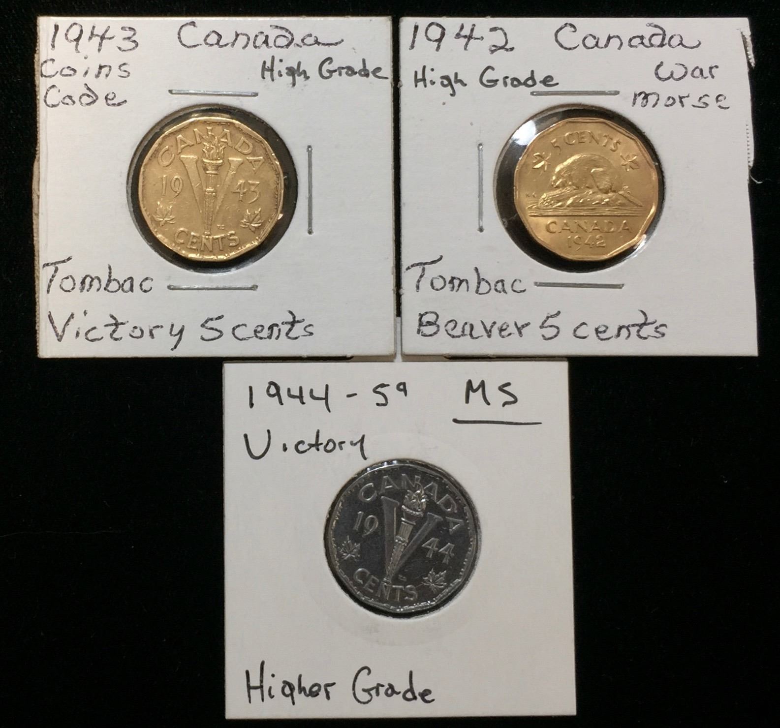 Lot of 3 - Canada 5-Cents 1942, 1943 Tombac, 1944 V