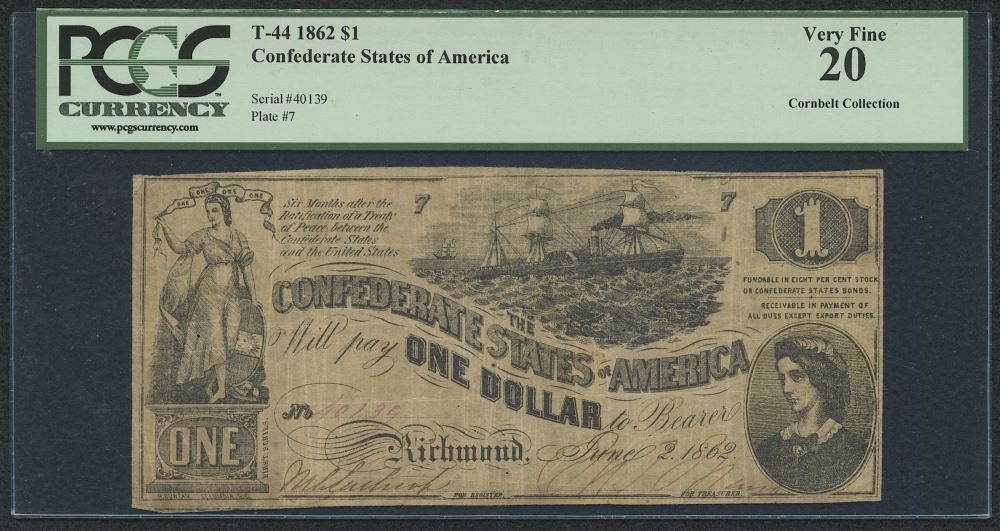 1862 $1 One Dollar Confederate States of America Richmond CSA Bank Note ...