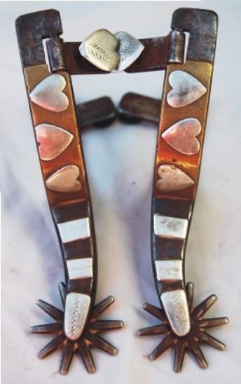Kelly Bros heart pattern silver, brass & copper mounted spurs