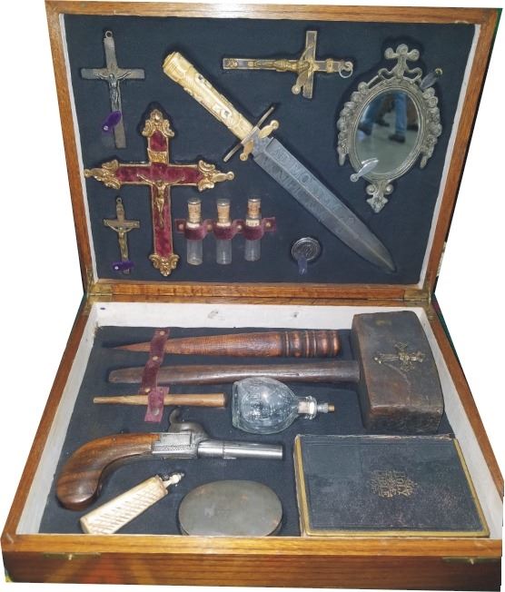 old and rare Catholic cased set, mid 1800's, knife with ivory handle ...