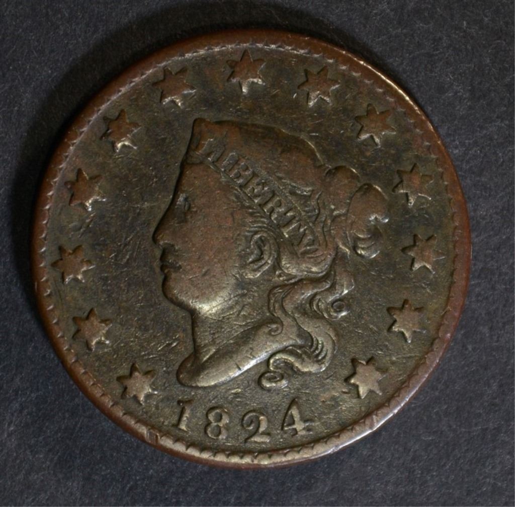 1824 LARGE CENT, F/VF SEMI-KEY DATE