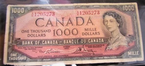 Canadian $1000 Bill 1954 serial 1205273