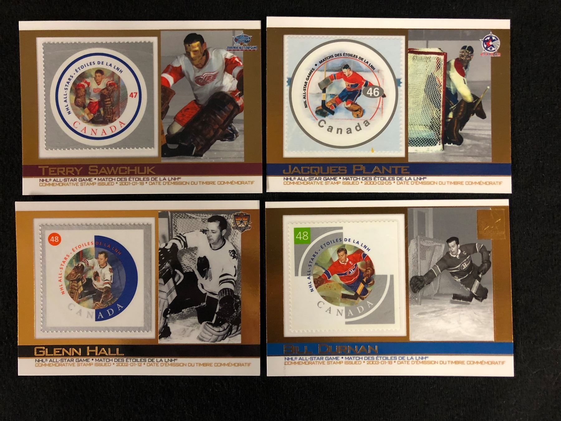 2002 NHL All-Stars Stamp Cards (SAWCHUK, G. HALL, PLANTE, DURNAN)