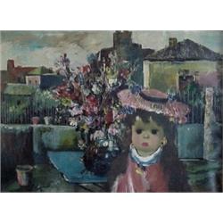 Jean Calogero (b. 1922) Italian, GIRL WITH HAT & FLOWERS, oil painting ...