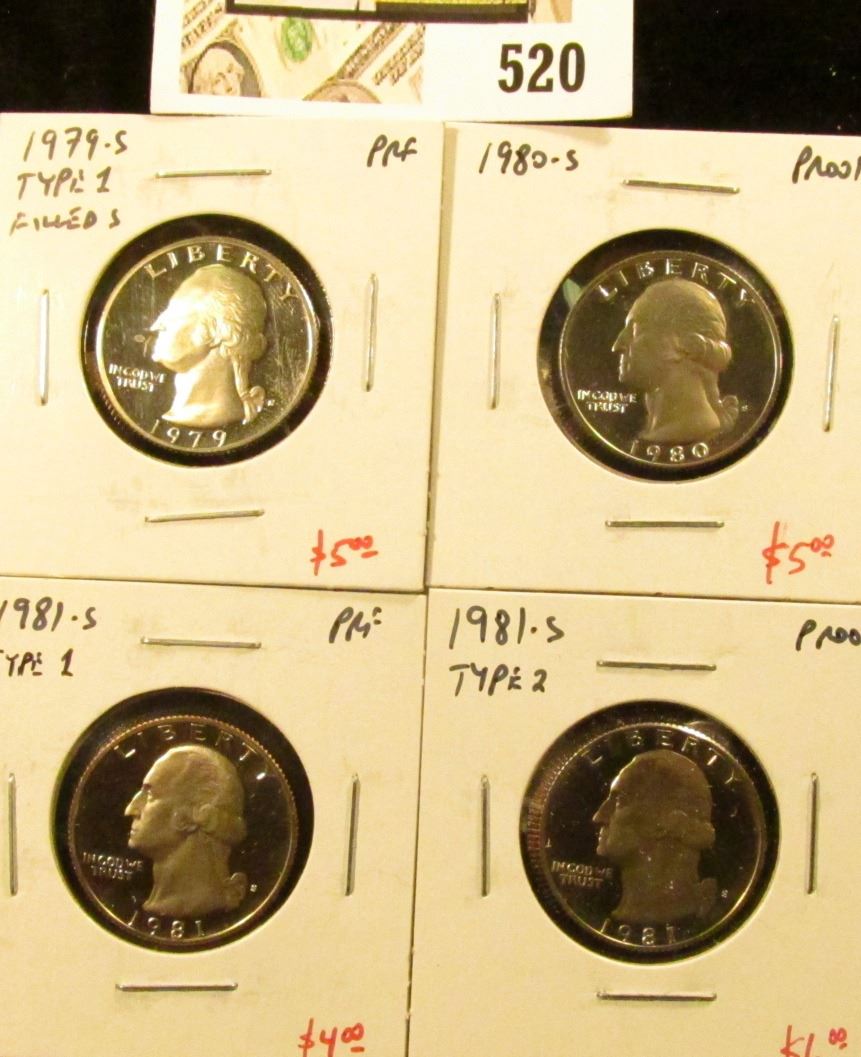 Group of (4) PROOF Washington Quarters, 1979-S type 1, 1980-S, 1981-S ...