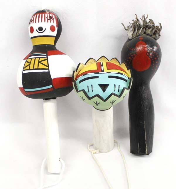 3 Native American Hopi Carved Wood & Gourd Rattles