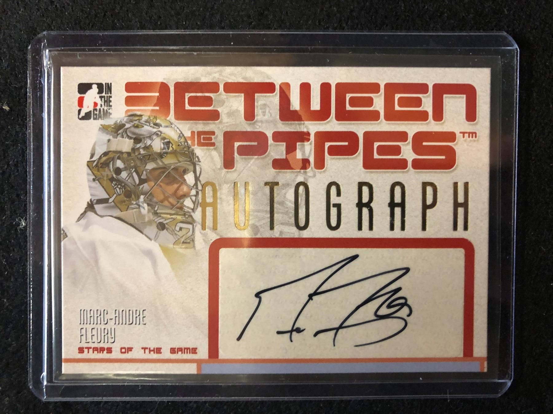 BETWEEN THE PIPES MARC ANDRE FLEURY AUTOGRAPHED CARD