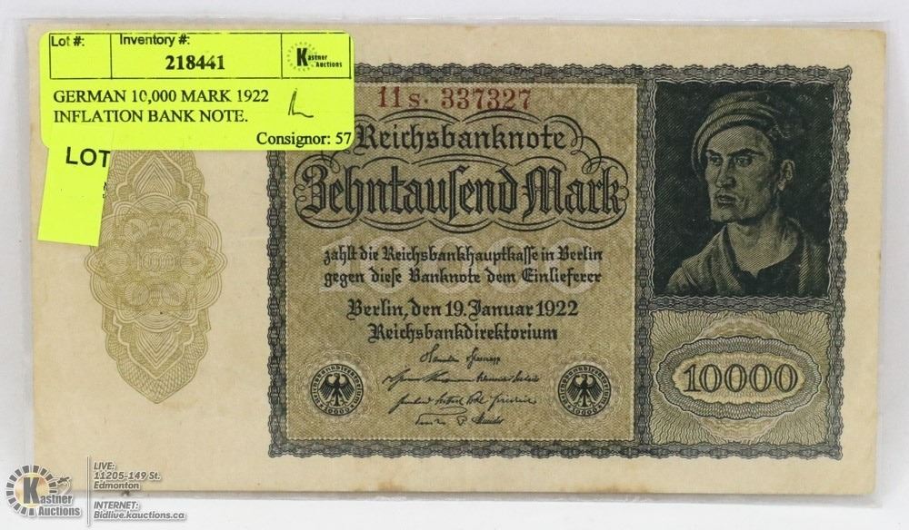 GERMAN 10,000 MARK 1922 INFLATION BANK NOTE.