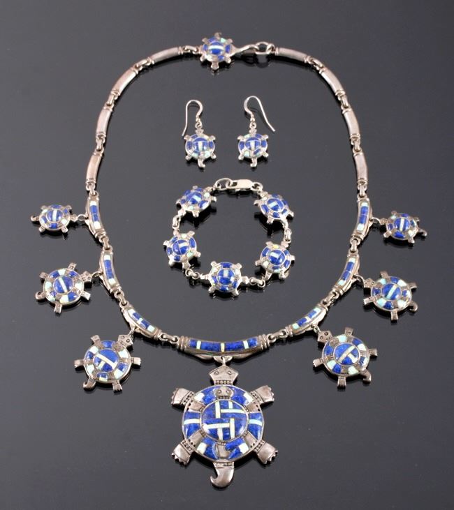 Navajo Sterling Lapis Opal Squash Blossom Set