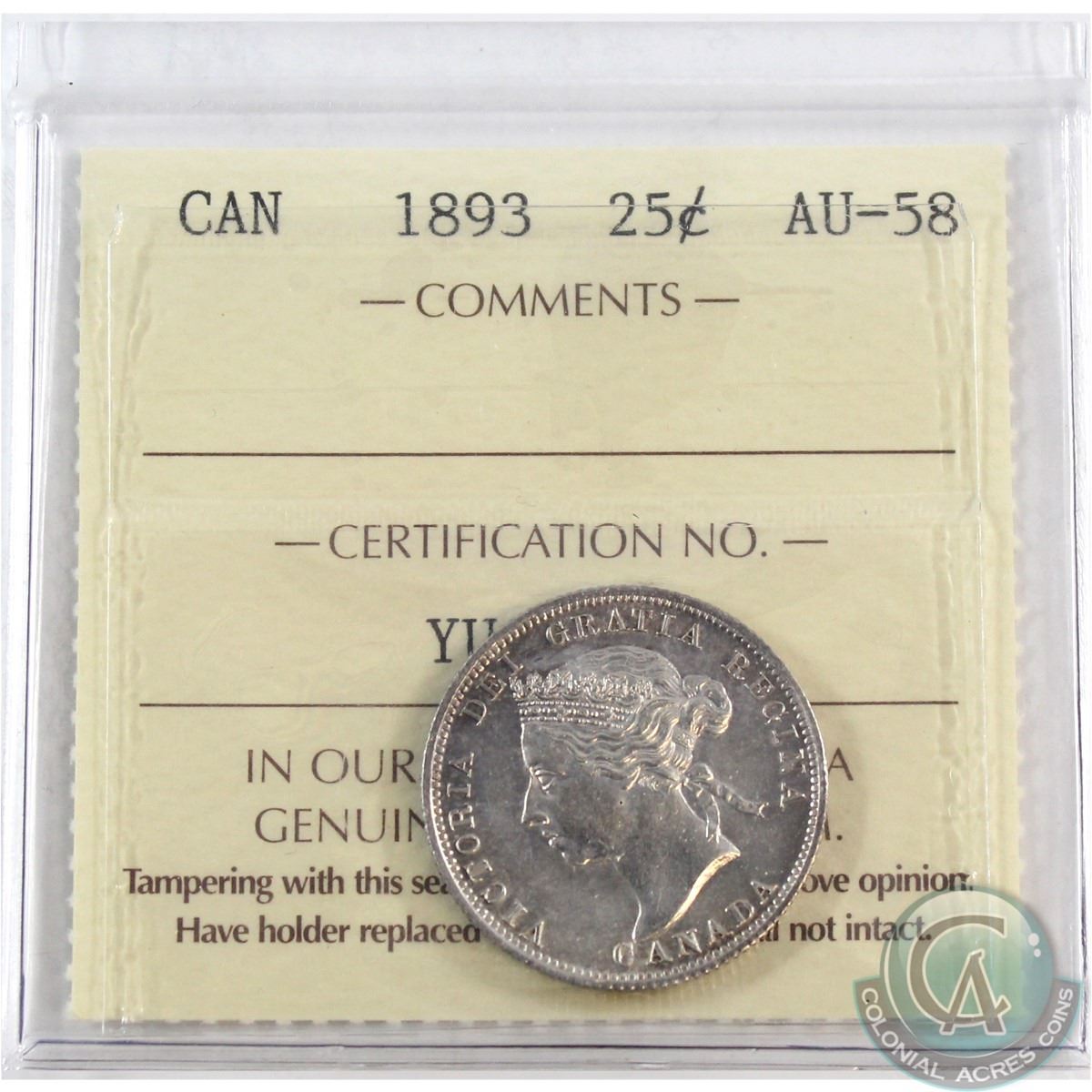 25-cent 1893 ICCS Certified AU-58