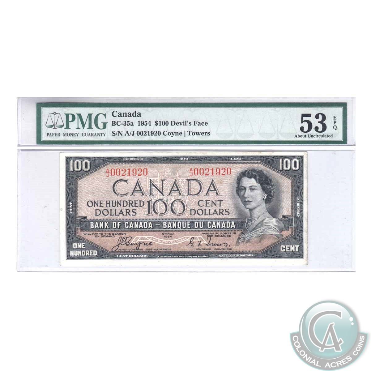 BC-35a 1954 Bank of Canada Devil's Face $100, Coyne-Towers, S/N : A/J0021920, PMG AU-53, EPQ.