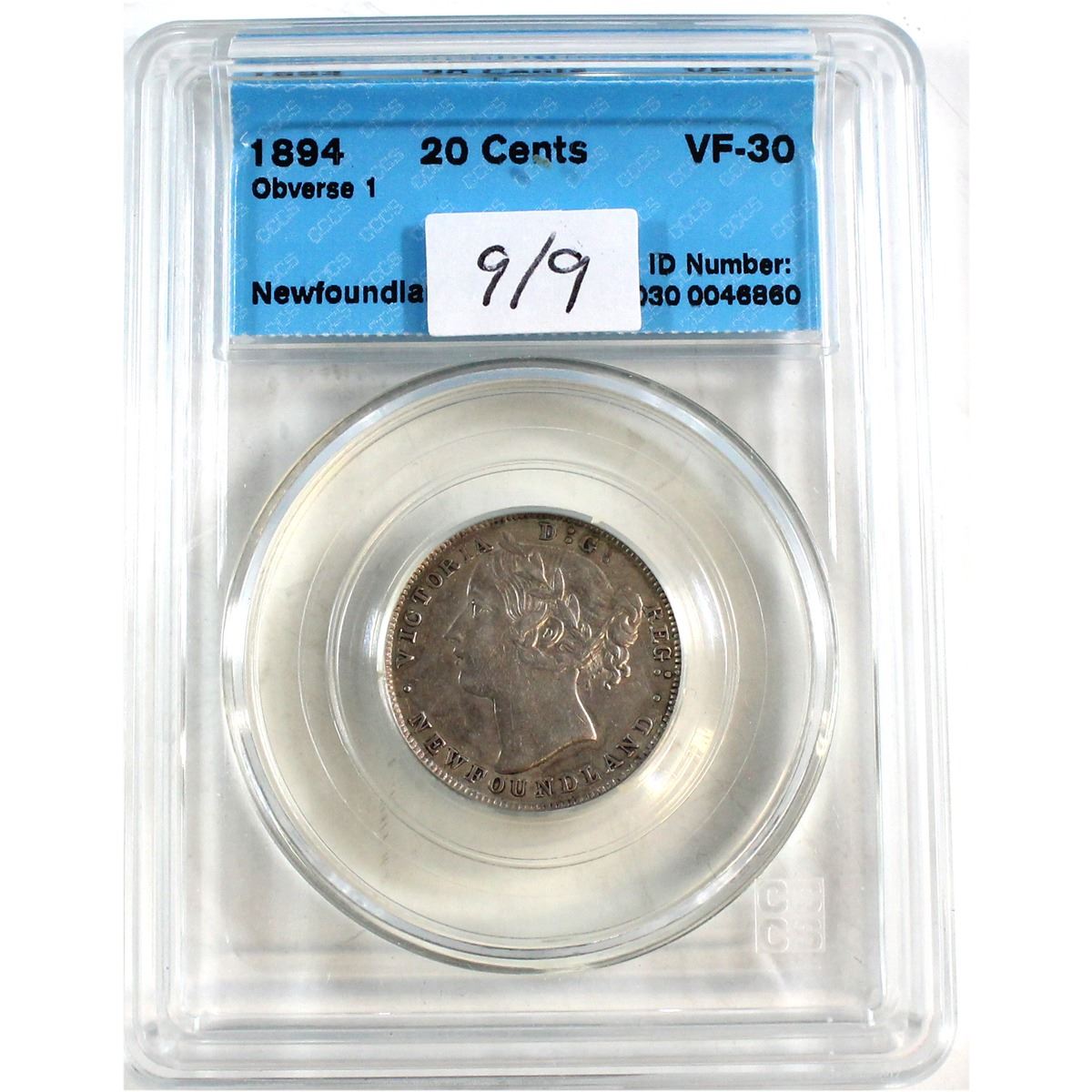 Newfoundland 20-cent 1894 Obverse 1; Repunched 9; 'Untied Hair Ribbon' Variety CCCS Certified VF-30