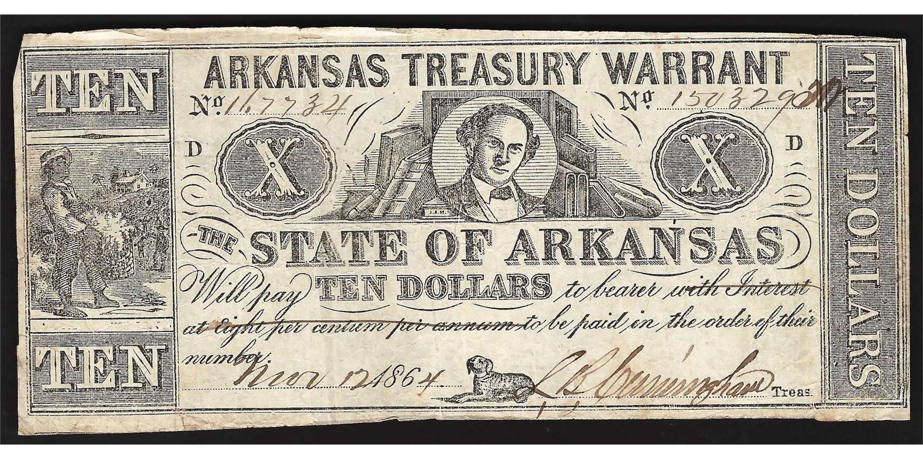 1864 $10 State of Arkansas Treasury Warrant Note