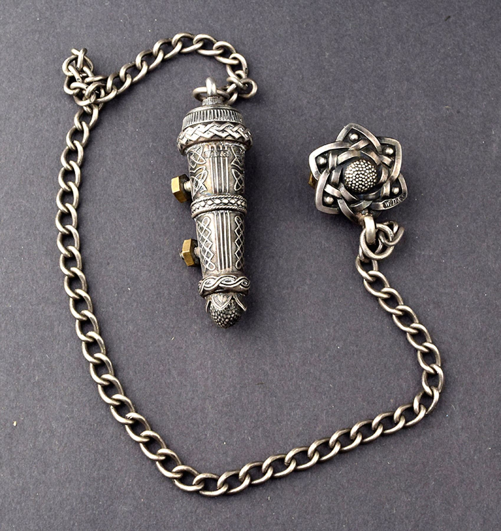 British Silver Sterling Whistle, 1897, with chain and fob, cased.