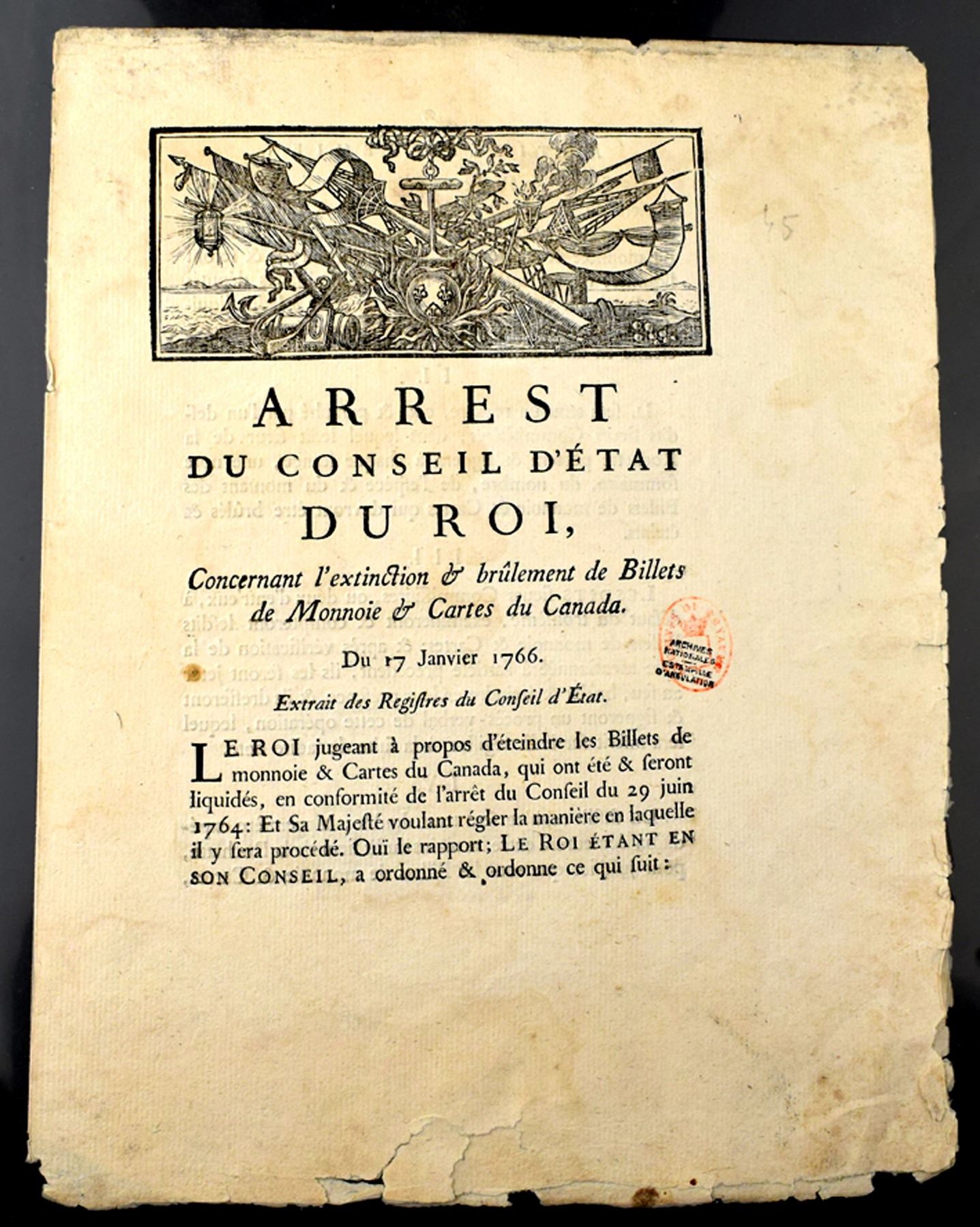 France very rare 1766 original Royal decree concerning Canadian Card Money