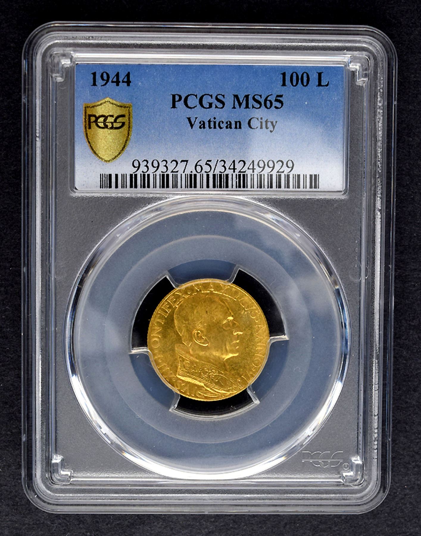 Vatican 100 Lire Gold Coin, 1944 "Pope Pius XII, Year VI", PCGS MS-65 ...