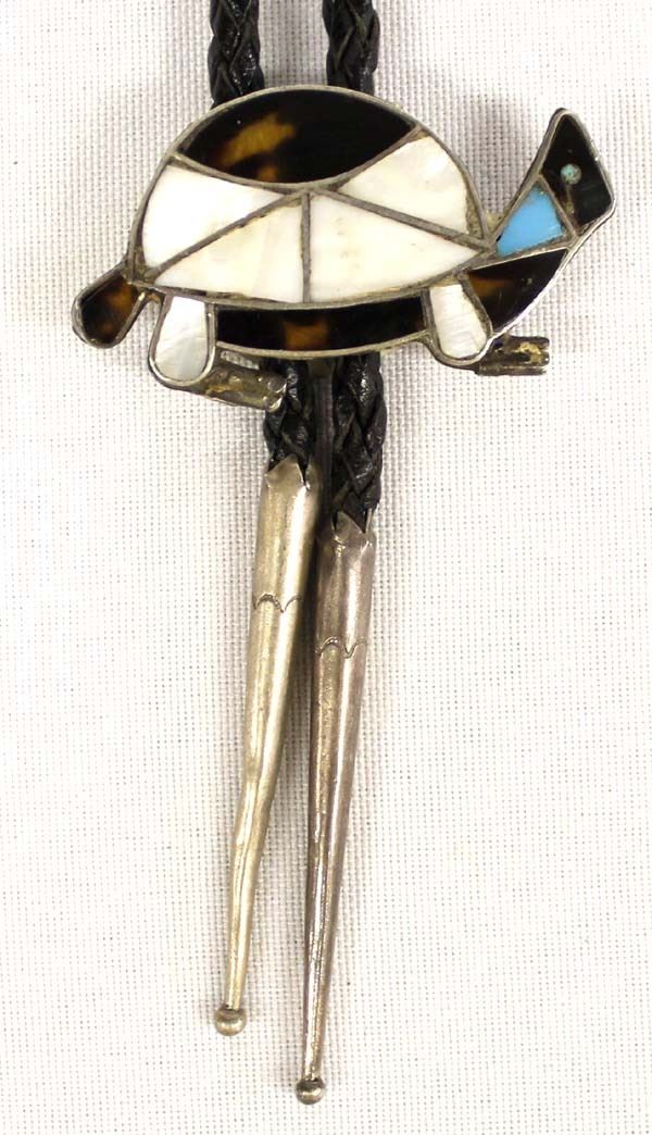 Antique Zuni Sterling Inlay Turtle Bolo Tie