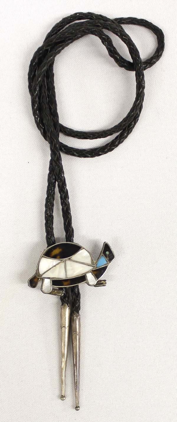 Antique Zuni Sterling Inlay Turtle Bolo Tie