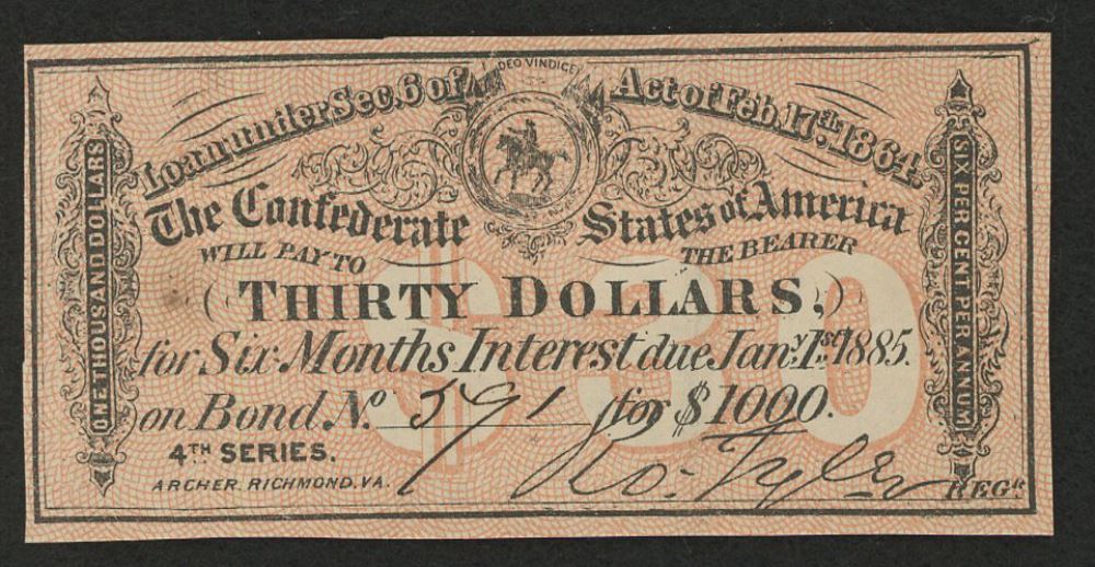 1864 $30 Thirty Dollars Confederate States of America Richmond CSA Bank ...