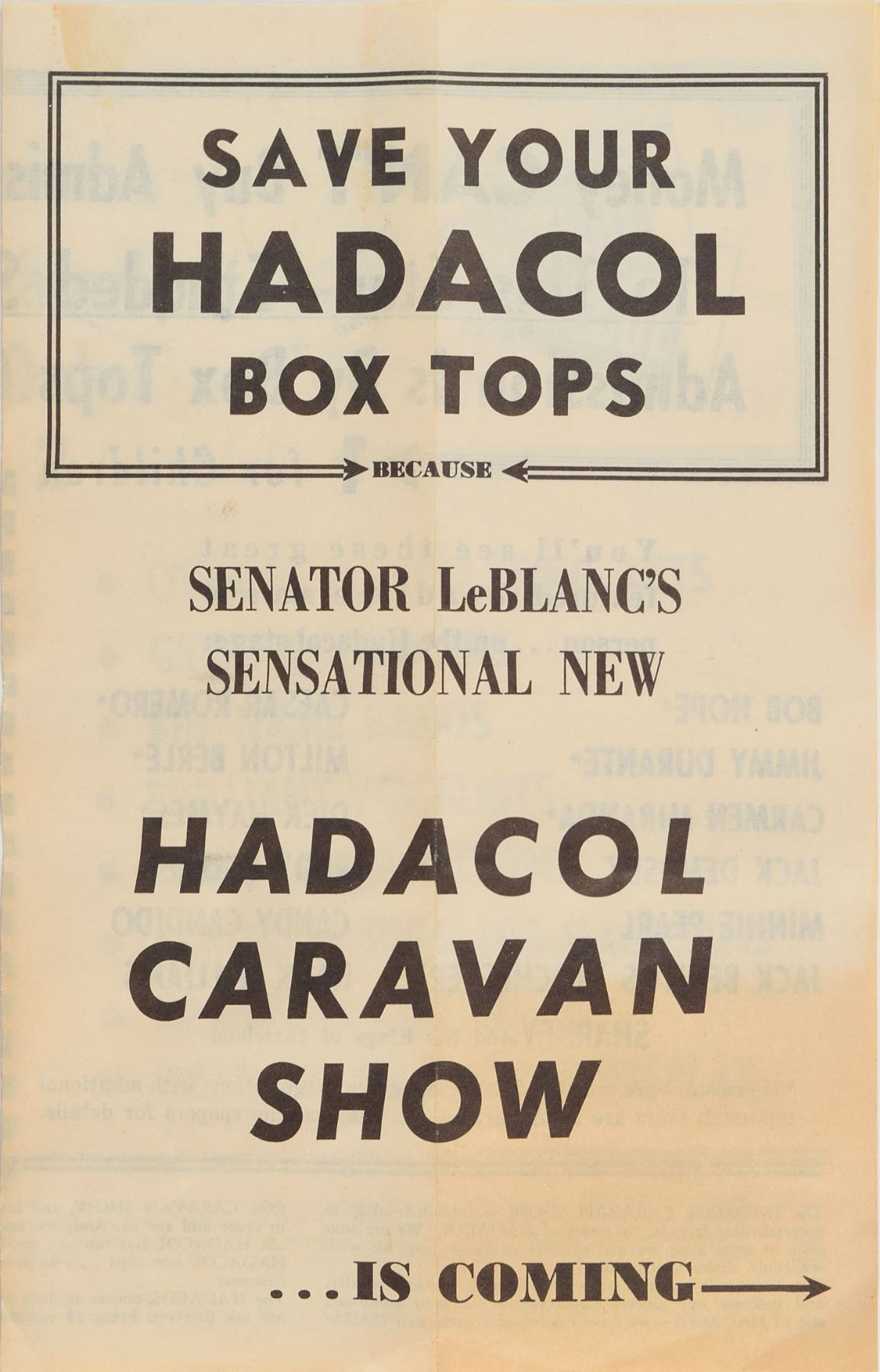 Hank Williams 1951 Hadacol Caravan Show Handbill