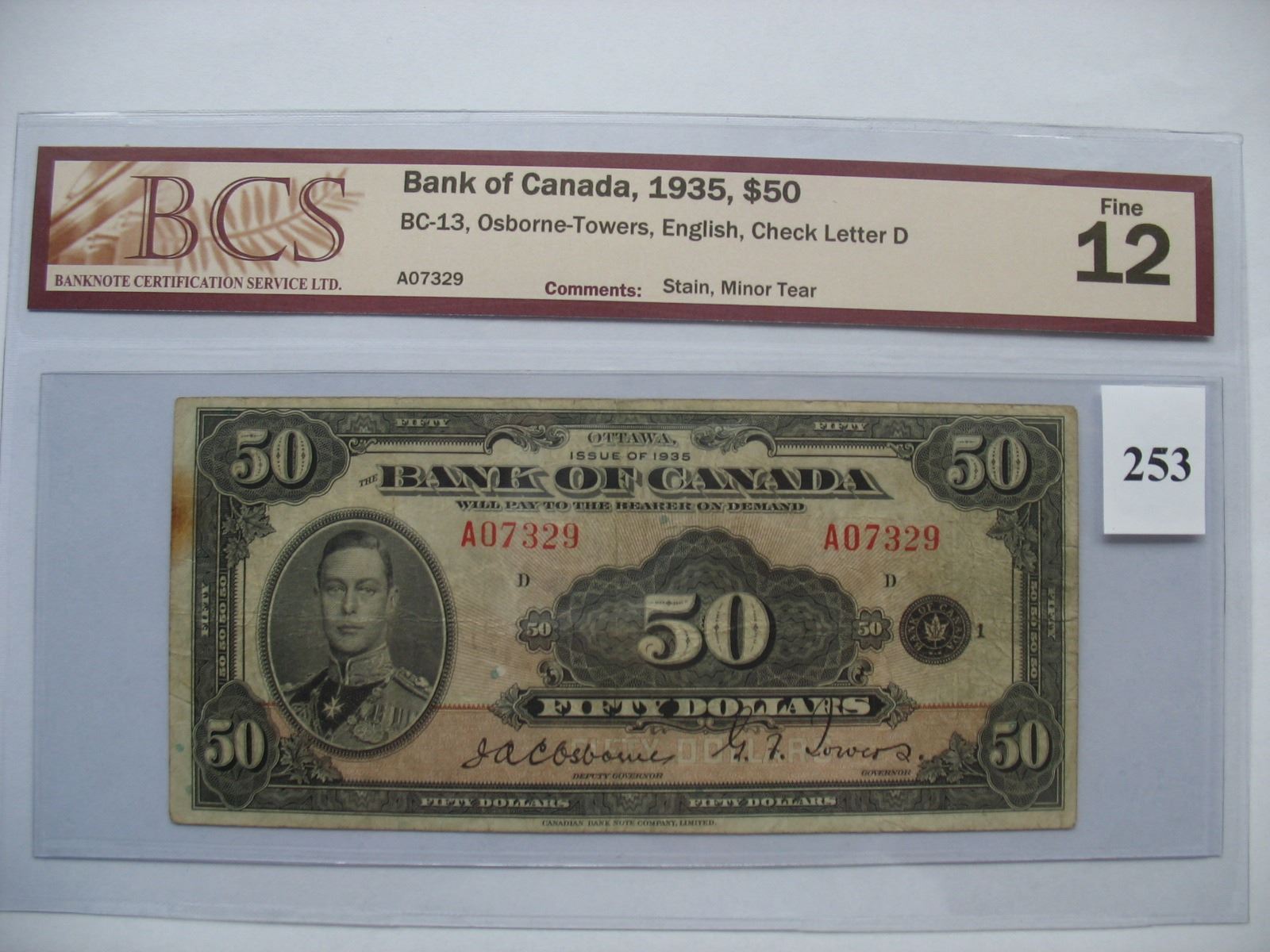 1935 $50.00 Bill Osborne/Towers BCS Graded Very Rare - Schmalz Auctions