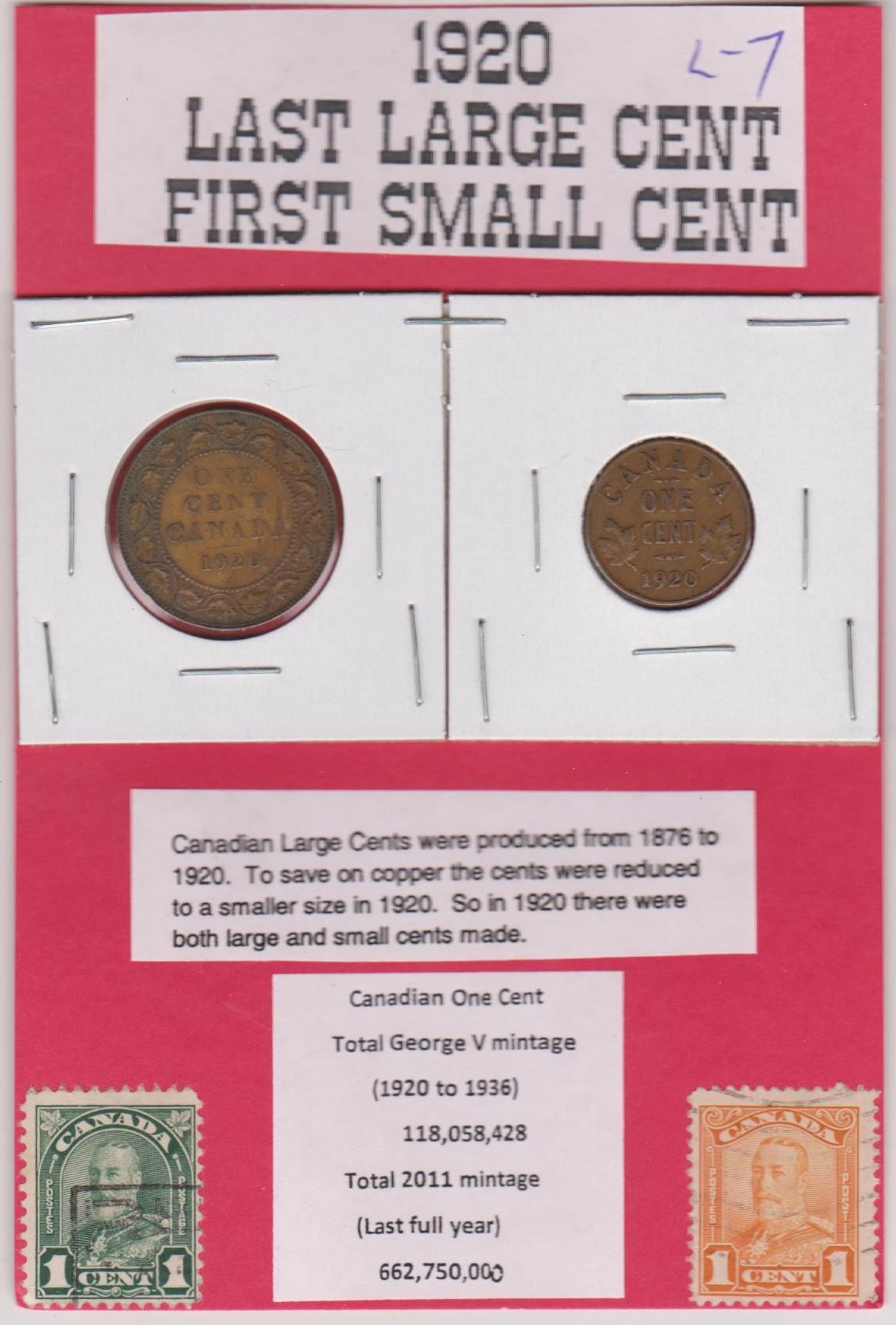 1920 LARGE PENNY & SMALL CNDN PENNY, LAST YEAR FOR LARGE PENNY, FIRST ...