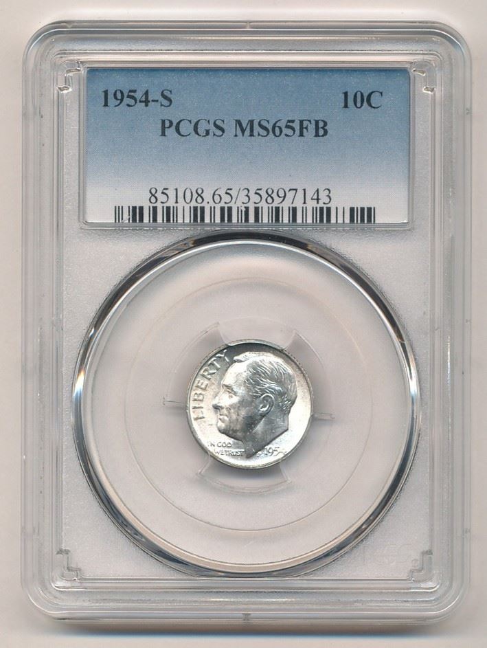 1954-S ROOSEVELT .10 CENT MS 65FB PCGS FULL TORCH BEAUTIFUL COIN