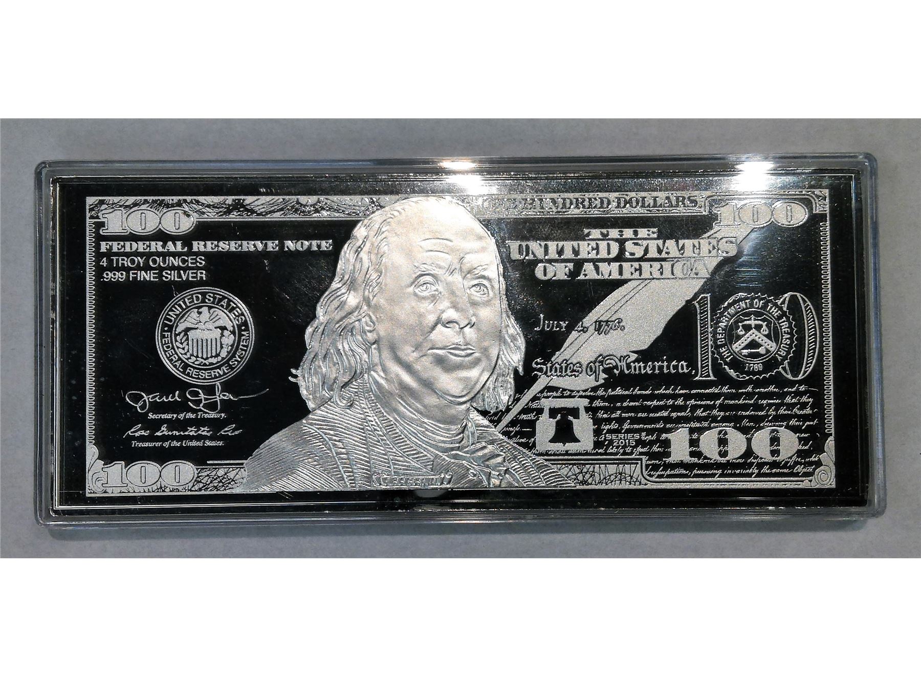 2015 SERIES $100 BENJAMIN FRANKLIN 4 OZ SILVER BAR WITH BOX AND ...