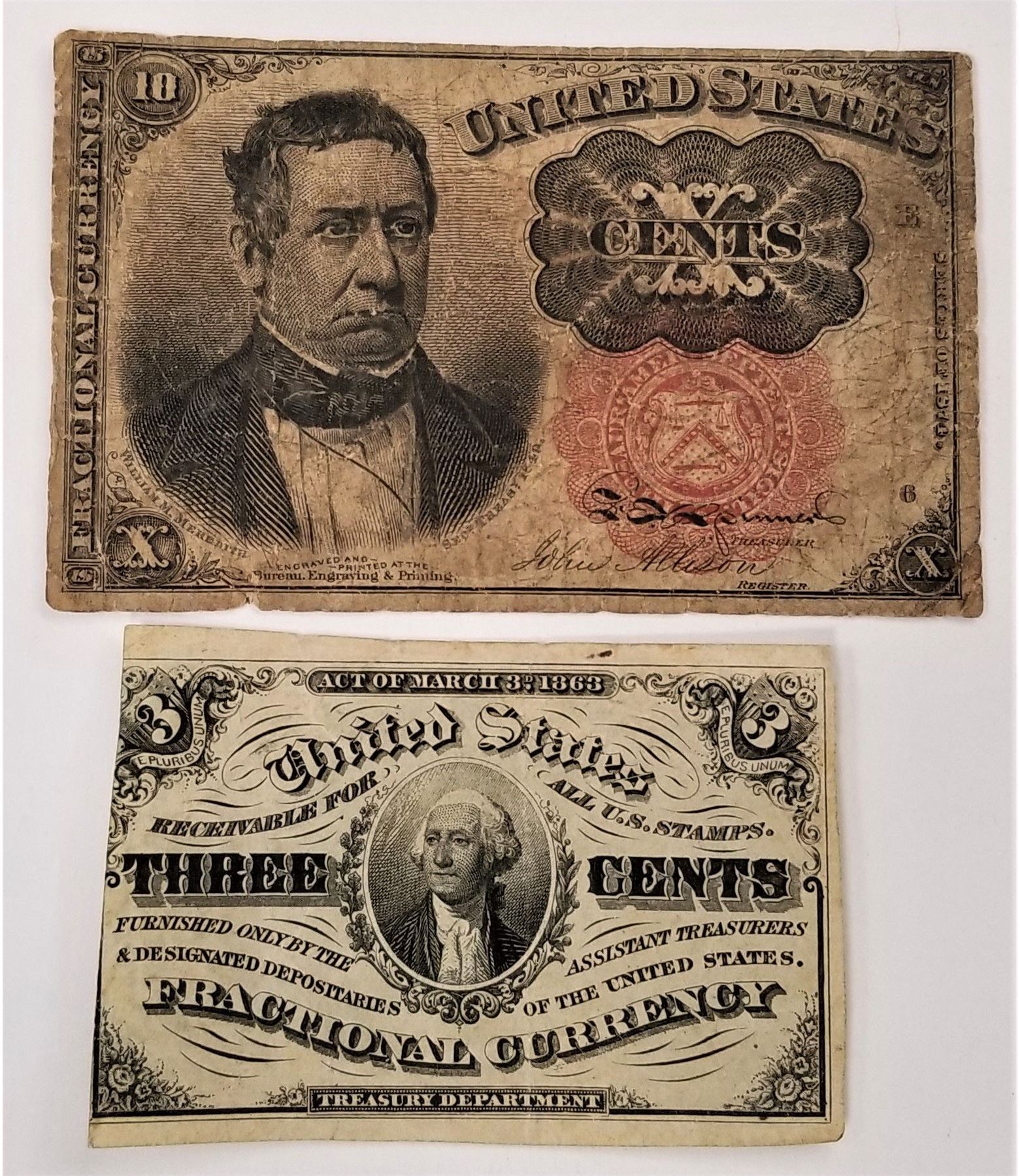 1874 Ten Cents Red Seal Fractional Currency & 1863 Three Cents ...