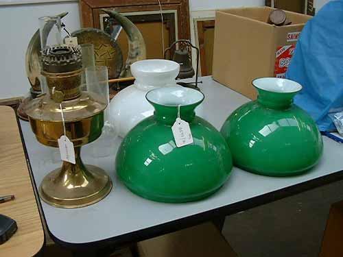 An Early 20th Century Brass Aladdin Oil Lamp Two Green Glass Shades Etc H 30cms Oil Lamp