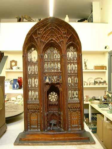 A Victorian painted papier mache model of a Gothic revival church ...