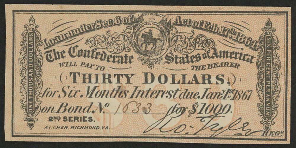 1864 $30 Thirty Dollars Confederate States of America Richmond CSA Bank ...