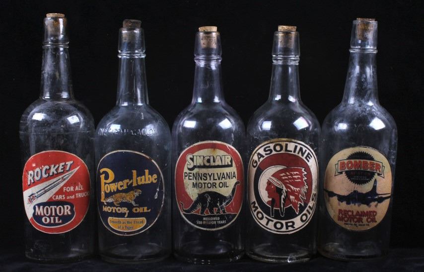 Vintage Motor Oil Decals on Glass Bottles