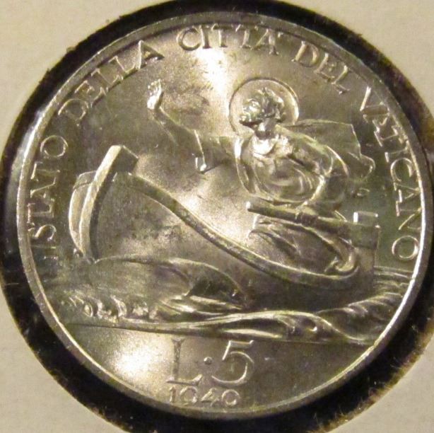 SILVER 1940 VATICAN 5 LIRE COIN