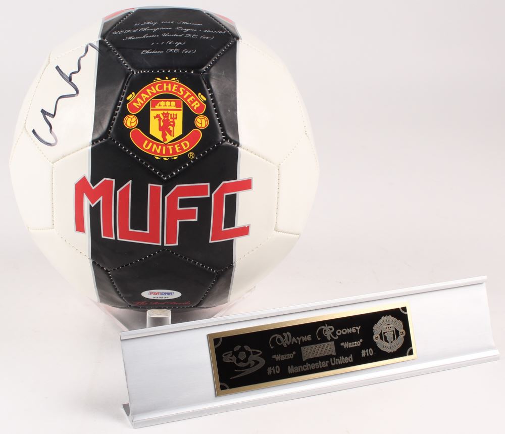 Wayne Rooney Signed Manchester United Logo Soccer Ball with Display ...